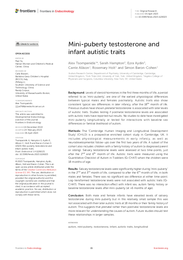 Pdf Mini Puberty Testosterone And Infant Autistic Traits
