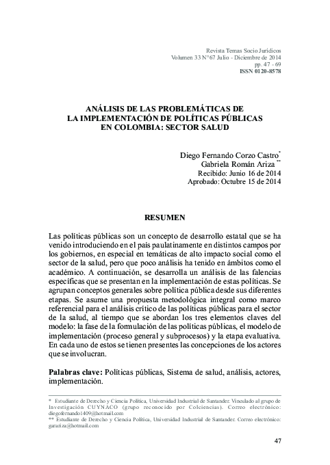 (PDF) Análisis de las problemáticas de la implementación de políticas públicas en Colombia ...
