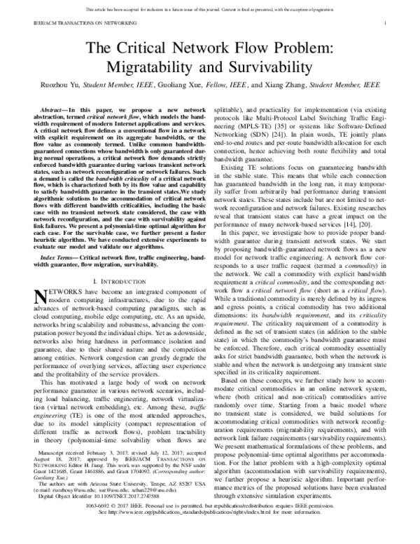 Pdf The Critical Network Flow Problem Migratability And Survivability Ruozhou Yu 