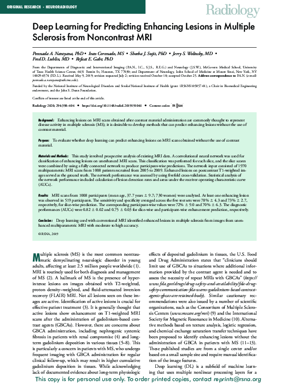 (PDF) Deep Learning for Predicting Enhancing Lesions in Multiple Sclerosis from Noncontrast MRI