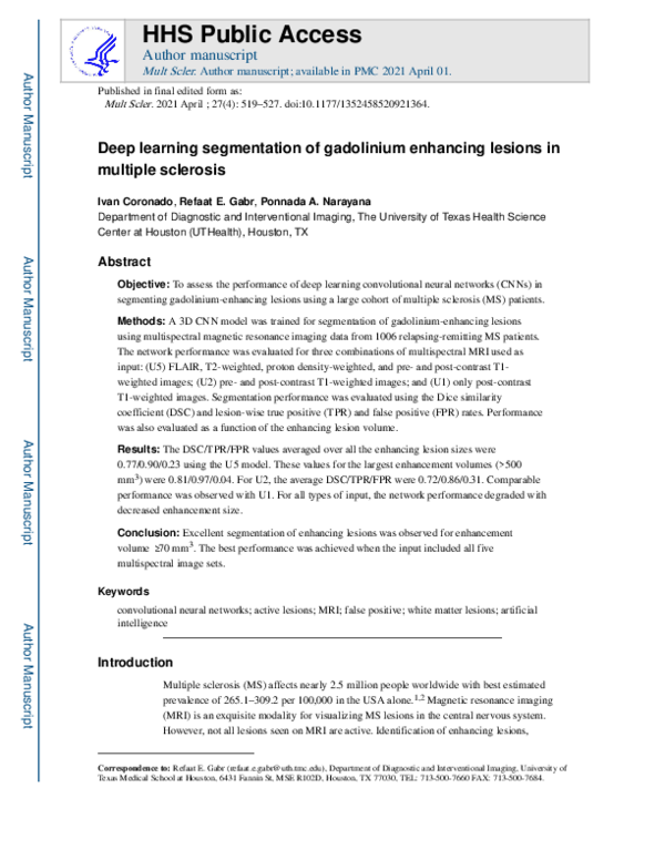 (PDF) Deep learning segmentation of gadolinium-enhancing lesions in multiple sclerosis