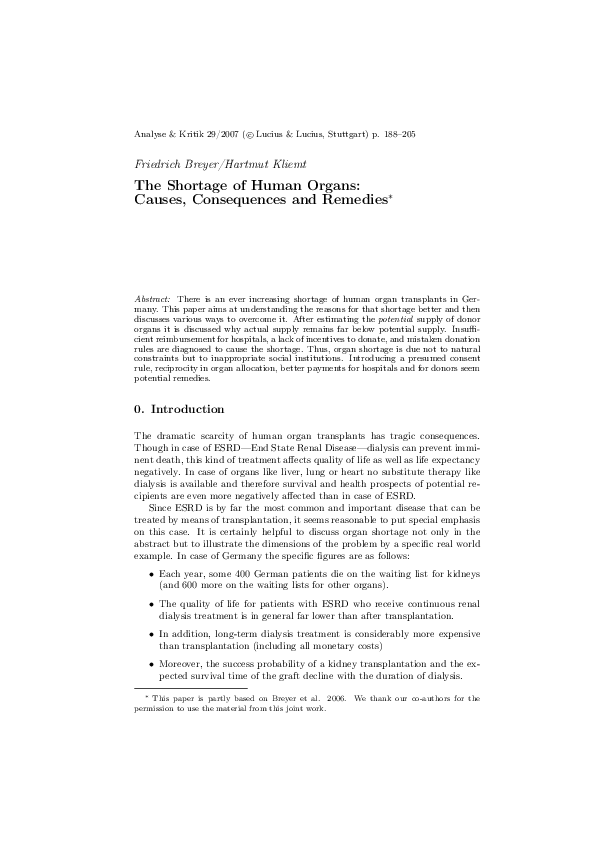 (PDF) The Shortage of Human Organs: Causes, Consequences and Remedies