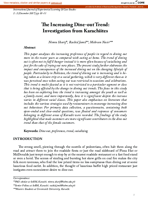 (PDF) The Increasing Dine-out Trend: Investigation from Karachiites