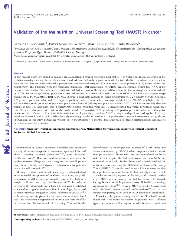 (PDF) Validation of the Malnutrition Universal Screening Tool (MUST) in ...