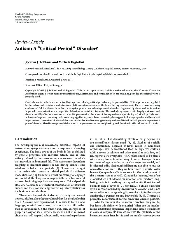 (PDF) Autism: a "critical period" disorder?