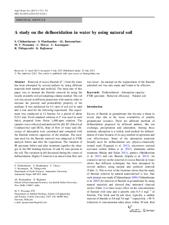 (PDF) A study on the defluoridation in water by using natural soil