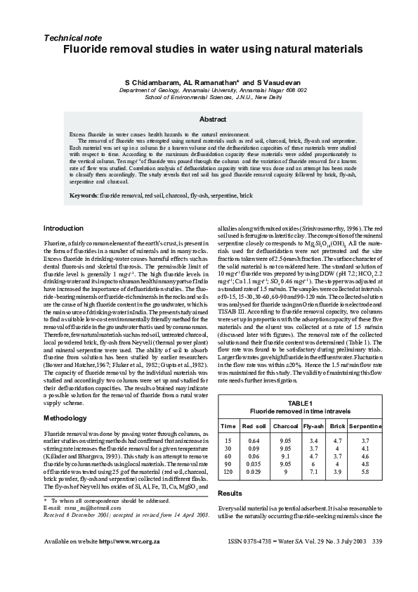 (PDF) Fluoride removal studies in water using natural materials ...