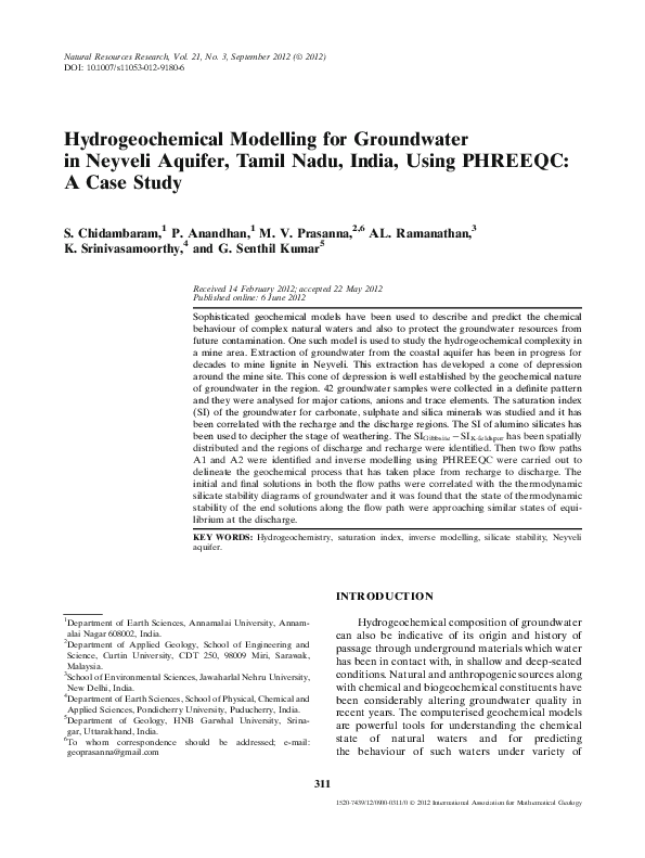 (PDF) Hydrogeochemical Modelling for Groundwater in Neyveli Aquifer, Tamil Nadu, India, Using ...
