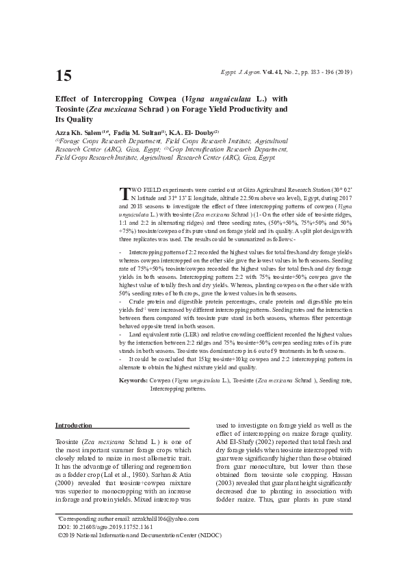 (PDF) Effect of Intercropping Cowpea ( Vigna unguiculata L.) with ...