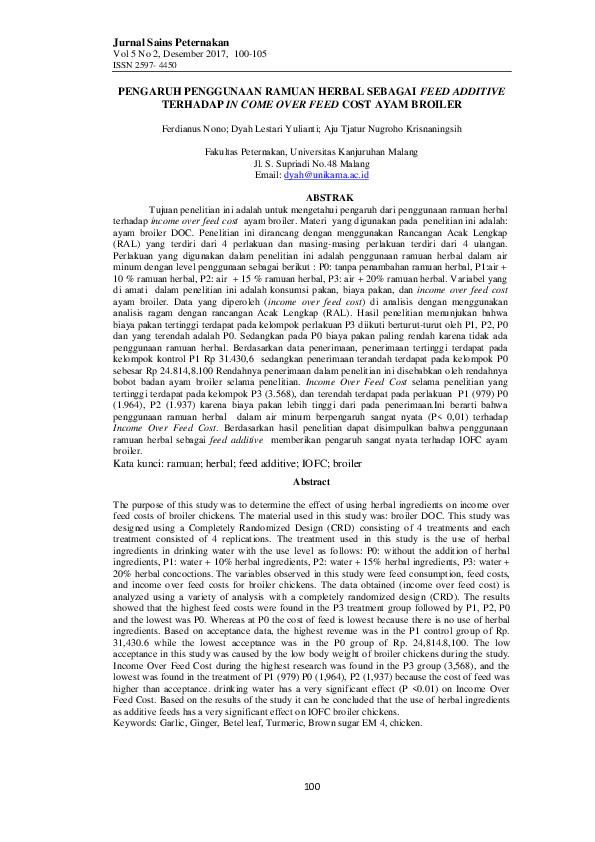 (PDF) Pengaruh penggunaan ramuan herbal sebagai feed additive terhadap ...