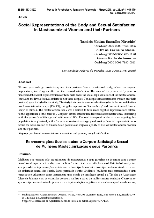 (PDF) Social Representations of the Body and Sexual Satisfaction in Mastecomized Women and their ...