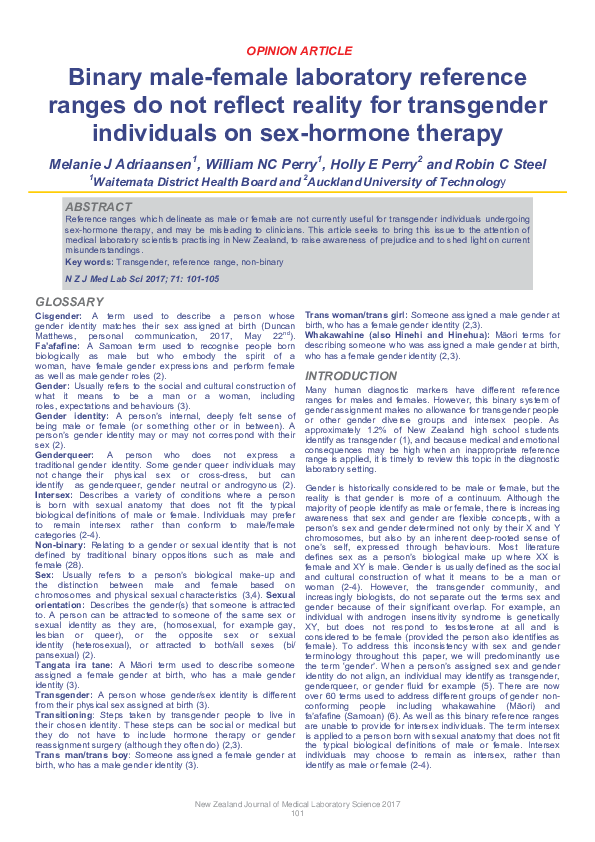 (PDF) Binary male-female laboratory reference ranges do not reflect reality for transgender ...