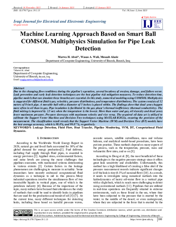 (PDF) Machine Learning Approach Based on Smart Ball COMSOL Multiphysics Simulation for Pipe Leak ...
