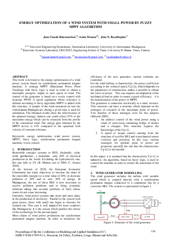 Pdf Energy Optimization Of A Wind System With Small Power By Fuzzy Mppt Algorithm Jean