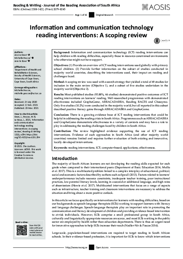 (PDF) Information and communication technology reading interventions: A scoping review