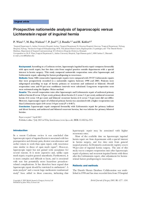 (PDF) Prospective nationwide analysis of laparoscopic versus Lichtenstein repair of inguinal hernia