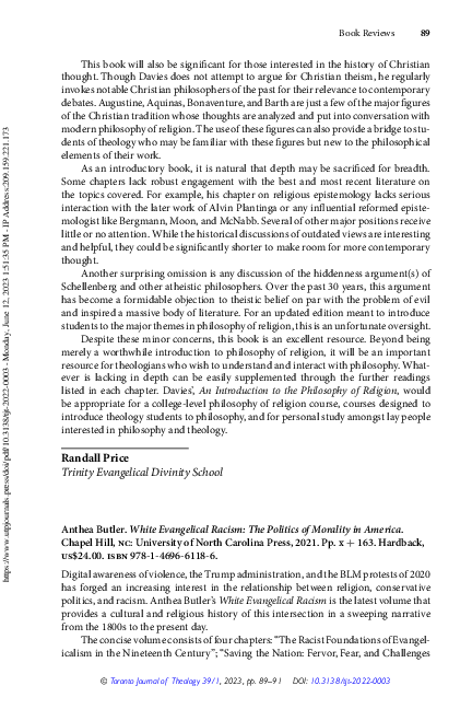 (PDF) Review of Anthea Butler, "White Evangelical Racism" (2020)