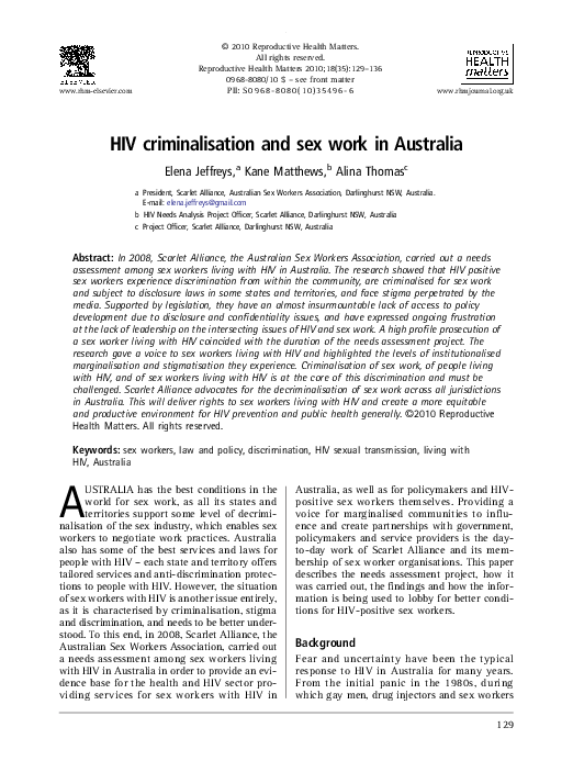 Pdf Hiv Criminalisation And Sex Work In Australia Elena Jeffreys