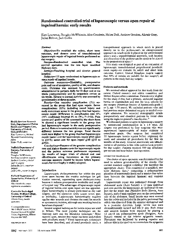 (PDF) Randomised controlled trial of laparoscopic versus open repair of inguinal hernia: early ...