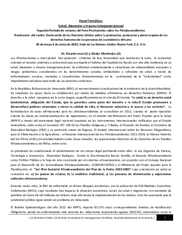 (PDF) Panel Temático: Salud, Bienestar y trauma intergeneracional