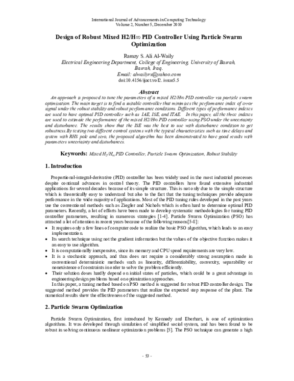Pdf Design Of Robust Mixed H2 H Pid Controller Using Particle Swarm Optimization