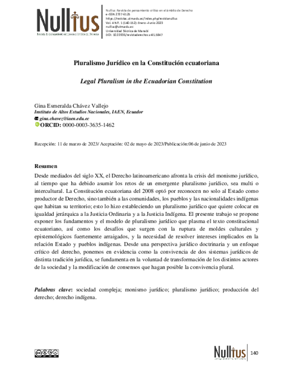 (PDF) Pluralismo Jurídico en la Constitución ecuatoriana Legal ...