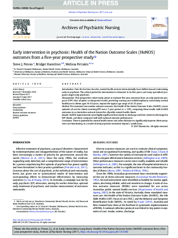 (PDF) Early Intervention in Psychosis: Health of the Nation Outcome ...