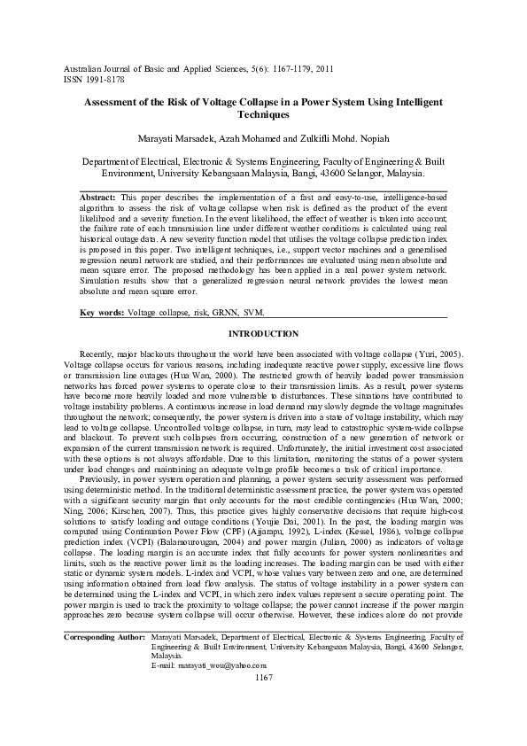 (PDF) Assessment of the Risk of Voltage Collapse in a Power System Using Intelligent Techniques