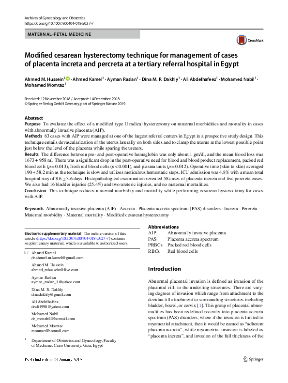 (PDF) Modified cesarean hysterectomy technique for management of cases ...