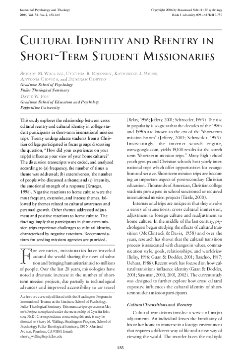 (PDF) Cultural Identity and Reentry in Short-Term Student Missionaries
