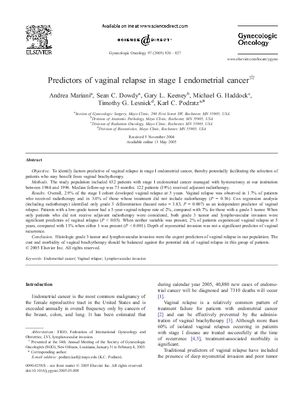 (PDF) Predictors of vaginal relapse in stage I endometrial cancer ...