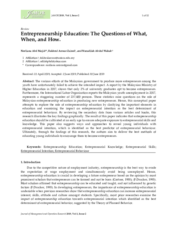 (PDF) Entrepreneurship Education: The Questions of What, When, and How