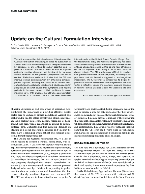 (PDF) Update on the Cultural Formulation Interview