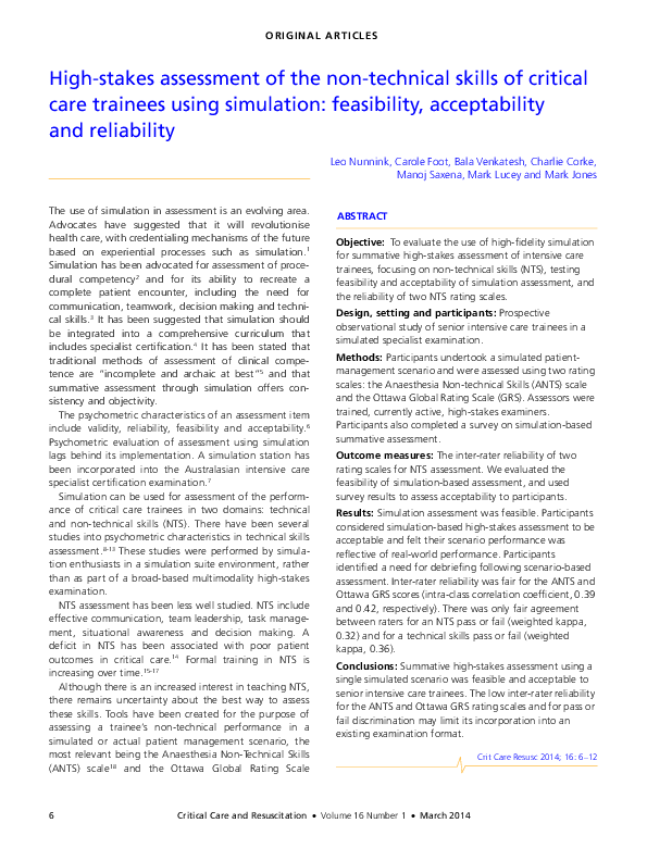 (PDF) High-stakes assessment of the non-technical skills of critical care trainees using ...