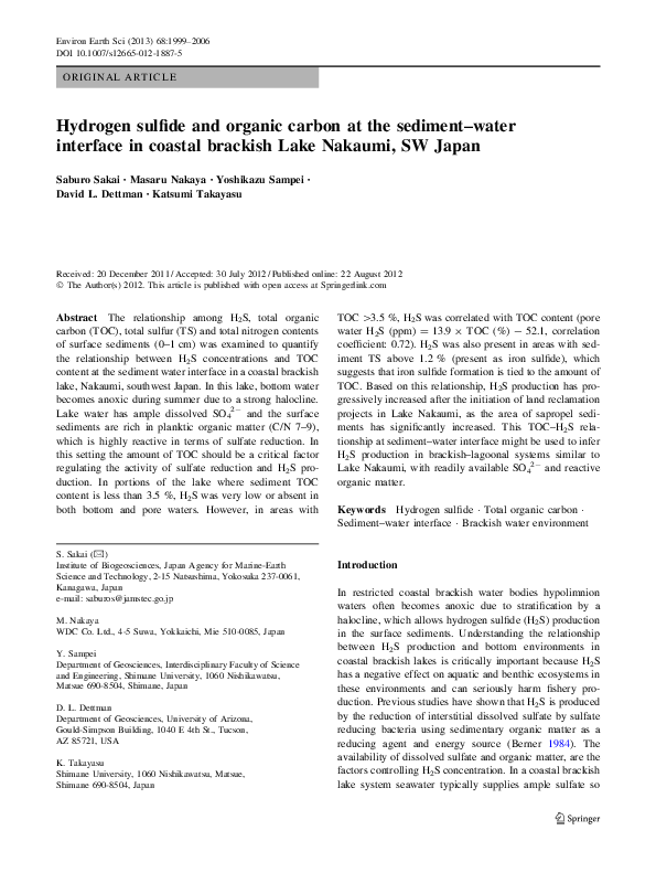 (PDF) Hydrogen sulfide and organic carbon at the sediment–water ...