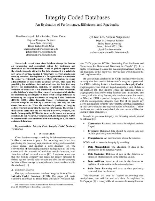 (PDF) Integrity Coded Databases: An Evaluation of Performance, Efficiency, and Practicality