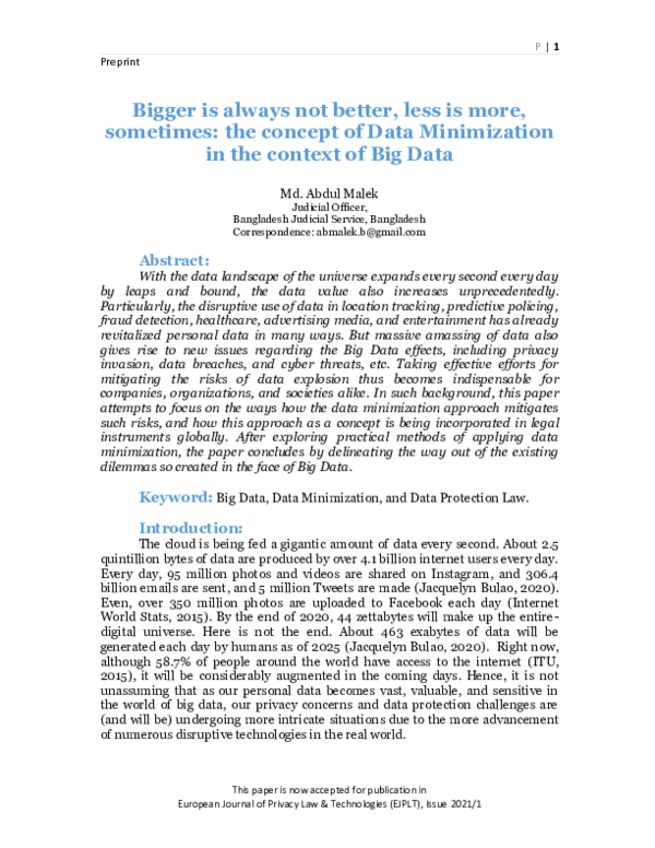(PDF) Bigger is always not better, less is more, sometimes: the concept of data minimization in ...