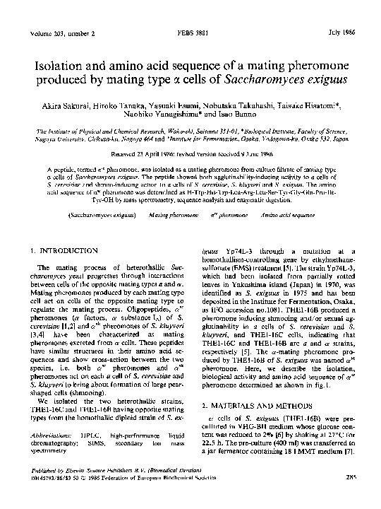 Pdf Isolation And Amino Acid Sequence Of A Mating Pheromone Produced