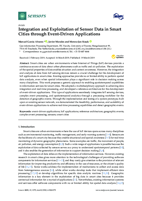(PDF) Integration and Exploitation of Sensor Data in Smart Cities through Event-Driven Applications