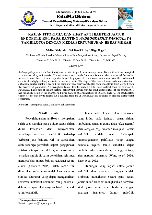 Pdf Kajian Fitokimia Dan Sifat Anti Bakteri Jamur Endofitik Rs 1 Pada Ranting Andrographis