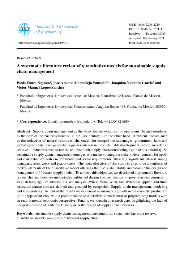 (PDF) A systematic literature review of quantitative models for sustainable supply chain management