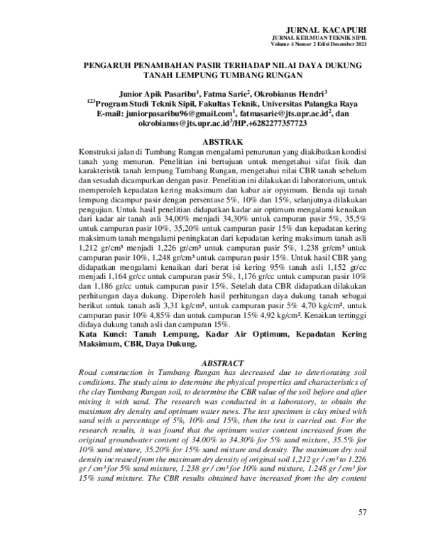 (PDF) Pengaruh Penambahan Pasir Terhadap Nilai Daya Dukung Tanah Lempung Tumbang Rungan