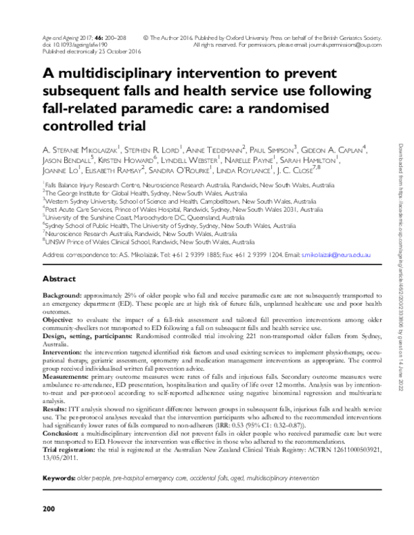 (PDF) A multidisciplinary intervention to prevent subsequent falls and ...