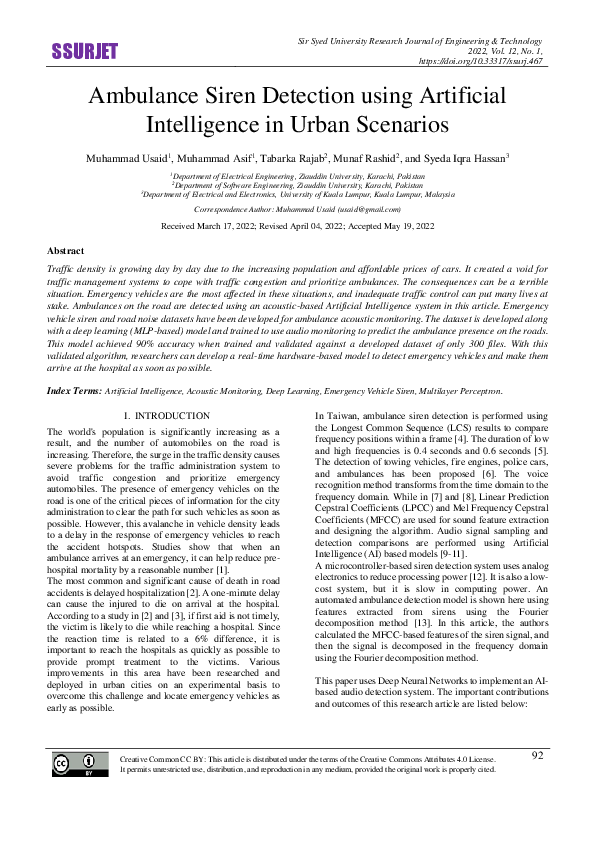 Pdf Ambulance Siren Detection Using Artificial Intelligence In Urban Scenarios 