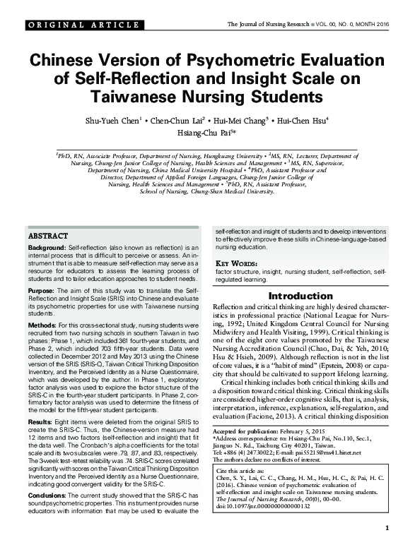 (PDF) Chinese Version of Psychometric Evaluation of Self-Reflection and ...