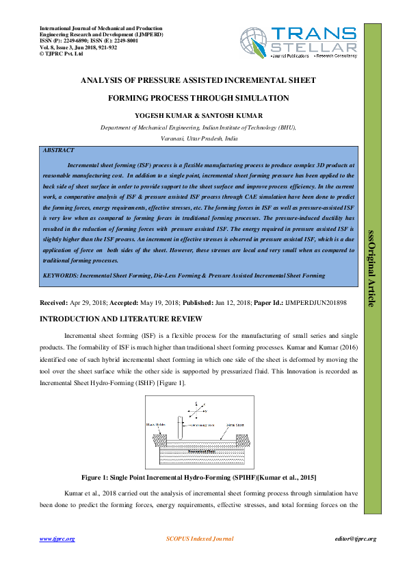 Pdf Analysis Of Pressure Assisted Incremental Sheet Forming Process