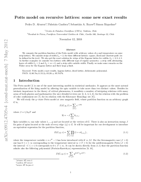 (PDF) New exact results for the Potts model on recursive lattices