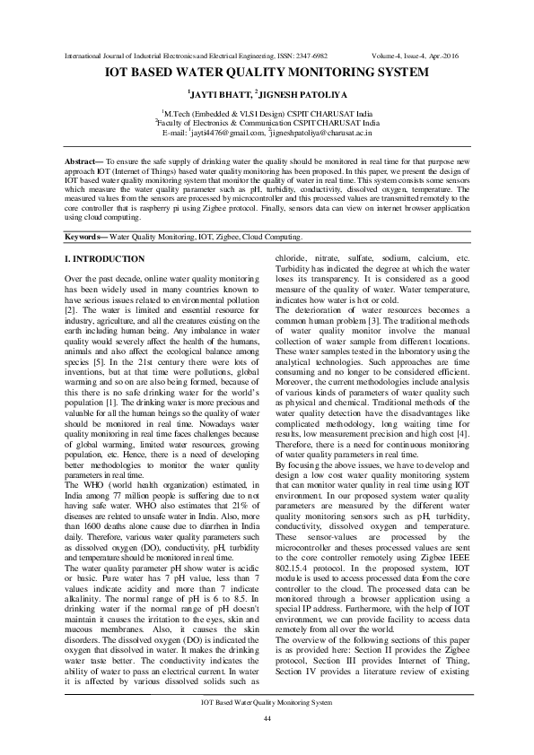 (PDF) Iot based water quality monitoring system | sai manikanta ... (PDF) Iot based water quality monitoring system | sai manikanta ...