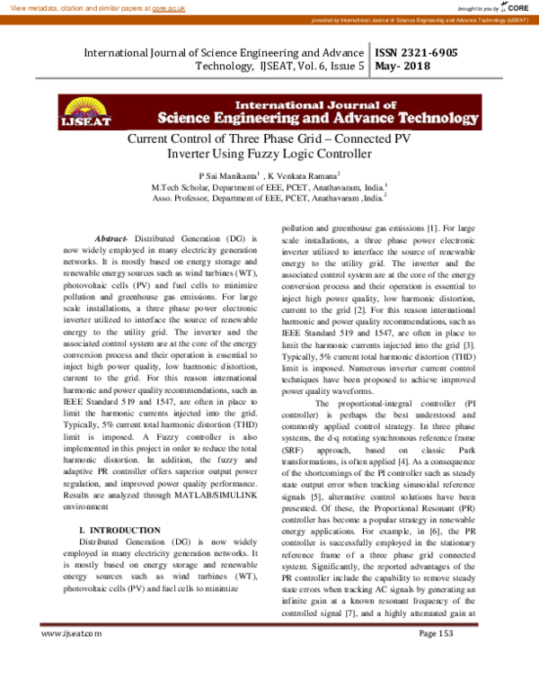 Pdf Current Control Of Three Phase Grid Connected Pv Inverter Using Fuzzy Logic Controller