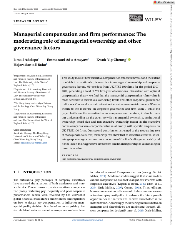 (PDF) Managerial compensation and firm performance: The moderating role of managerial ownership ...